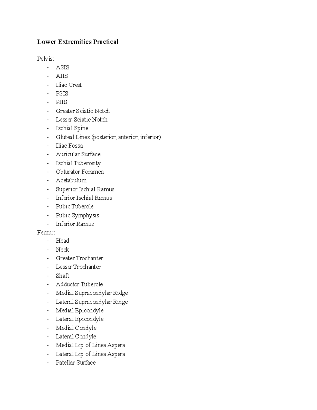 LE Practical - na fkdlaf - Lower Extremities Practical Pelvis: - ASIS ...
