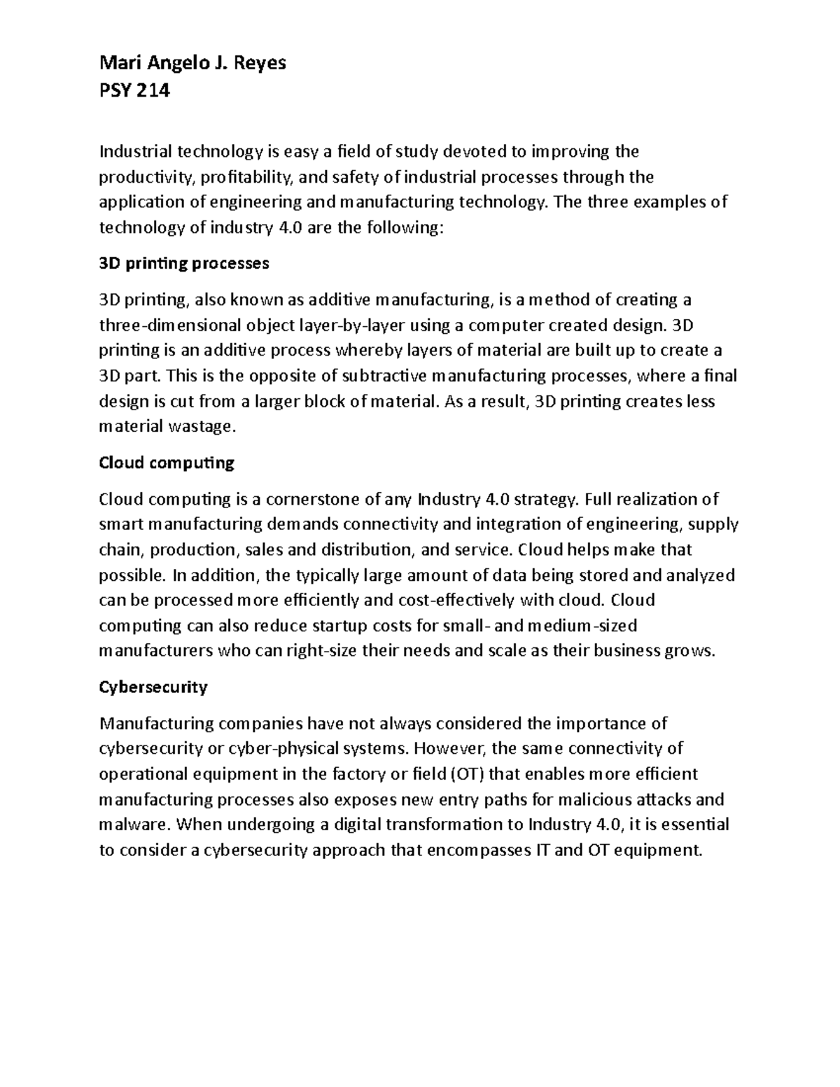 Reyes Industry 4 - djvdfdfhufhuef. - Mari Angelo J. Reyes PSY 214 ...
