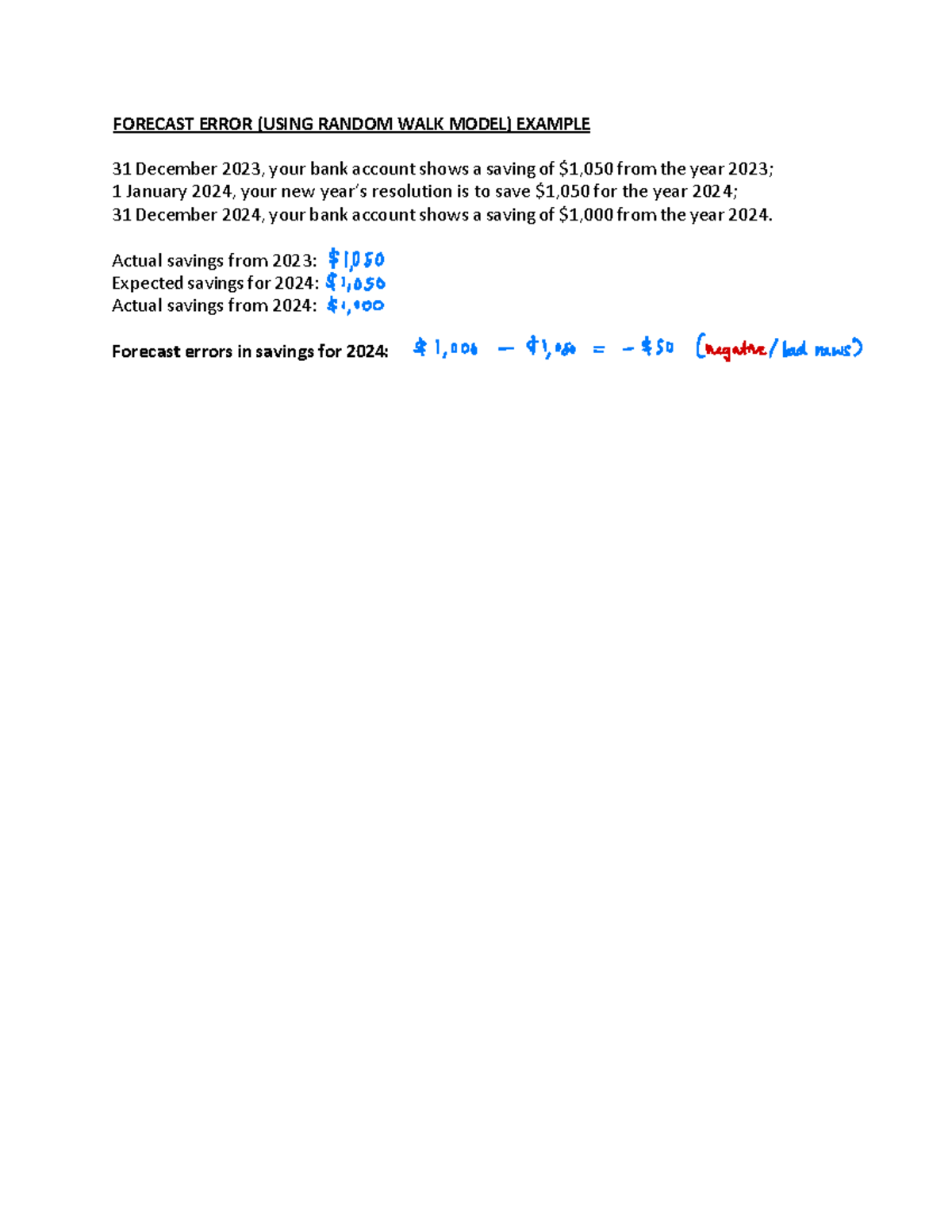 Module 1 & 2 Class Examples - FORECAST ERROR (USING RANDOM WALK MODEL ...