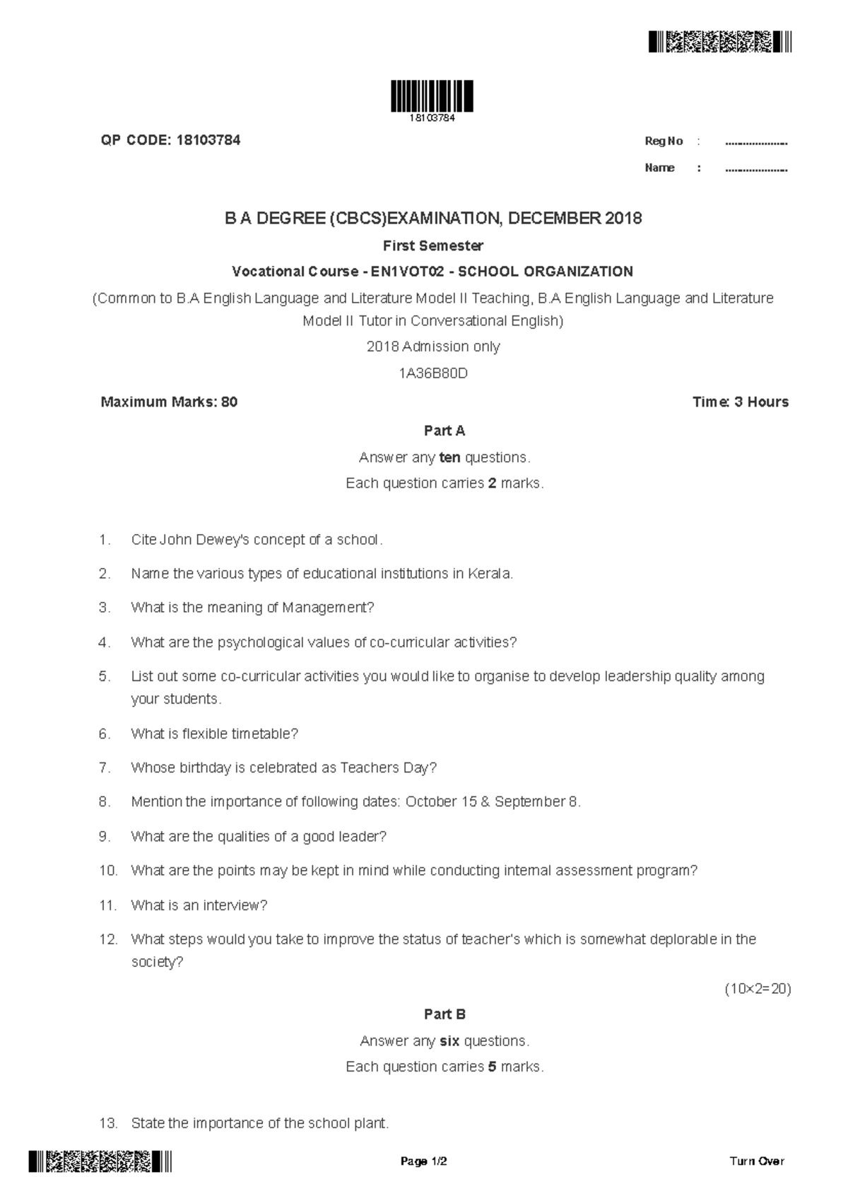 School-Organization-1 - QP CODE: 18103784 Reg No : ..................... Name : - Studocu