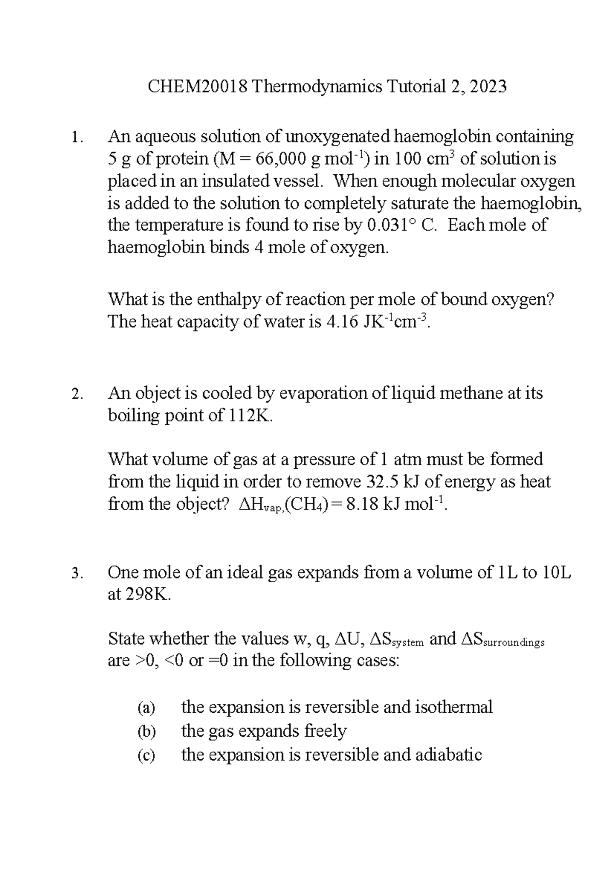 Thermo tute 2 2023 - DSasd - CHEM20018 Thermodynamics Tutorial 2, 2023 ...