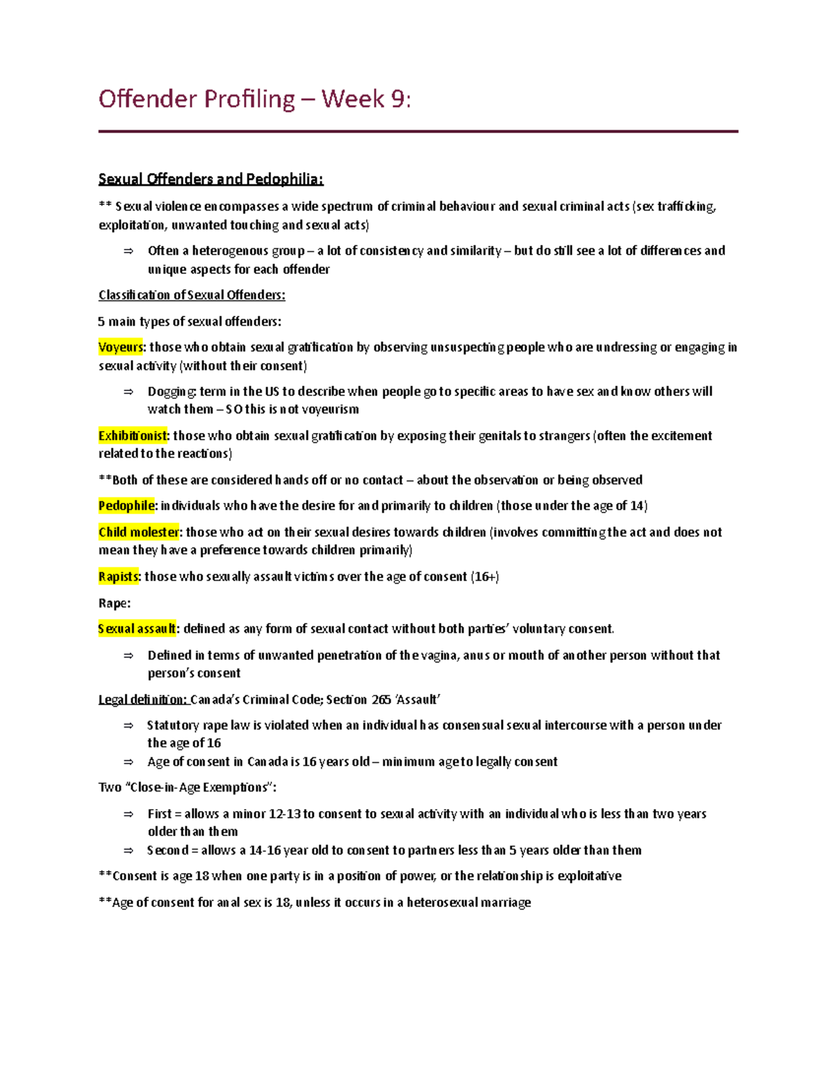 Week 9 notes - Prof: Dr Vettor - Offender Profiling – Week 9: Sexual ...