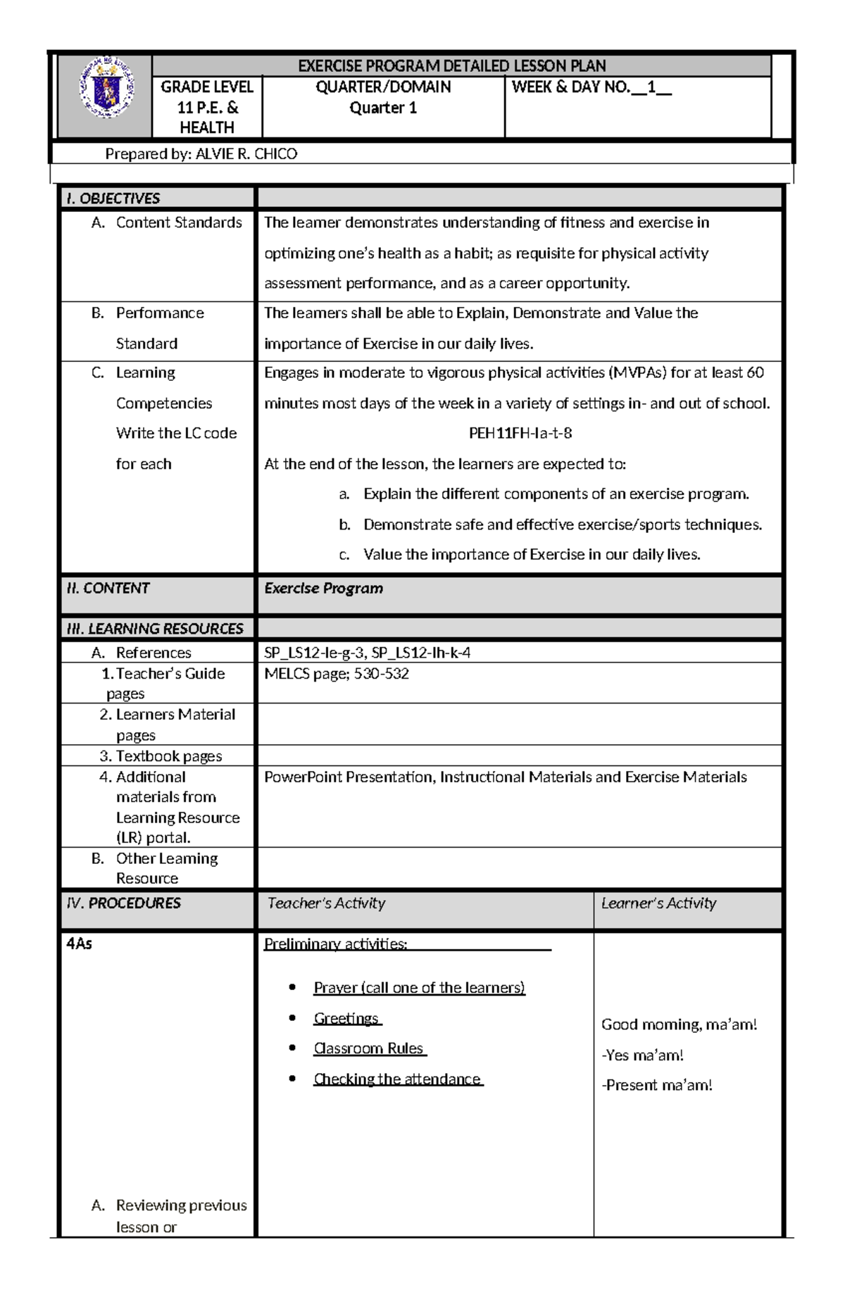 1st quarter Grade 11 DLP - EXERCISE PROGRAM DETAILED LESSON PLAN GRADE ...