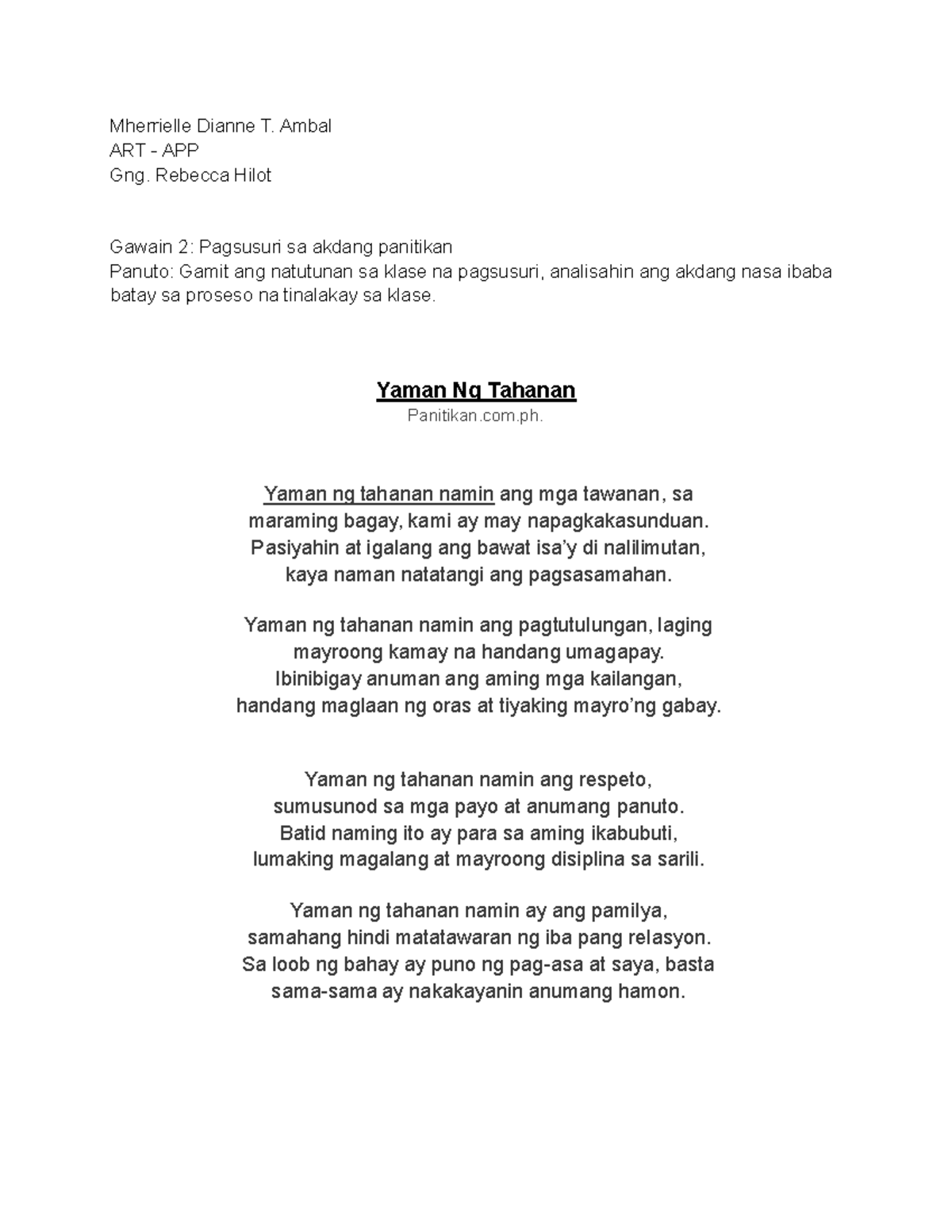 Pagsusuri sa Akdang Panitikan- Yaman NG Tahanan - Mherrielle Dianne T ...