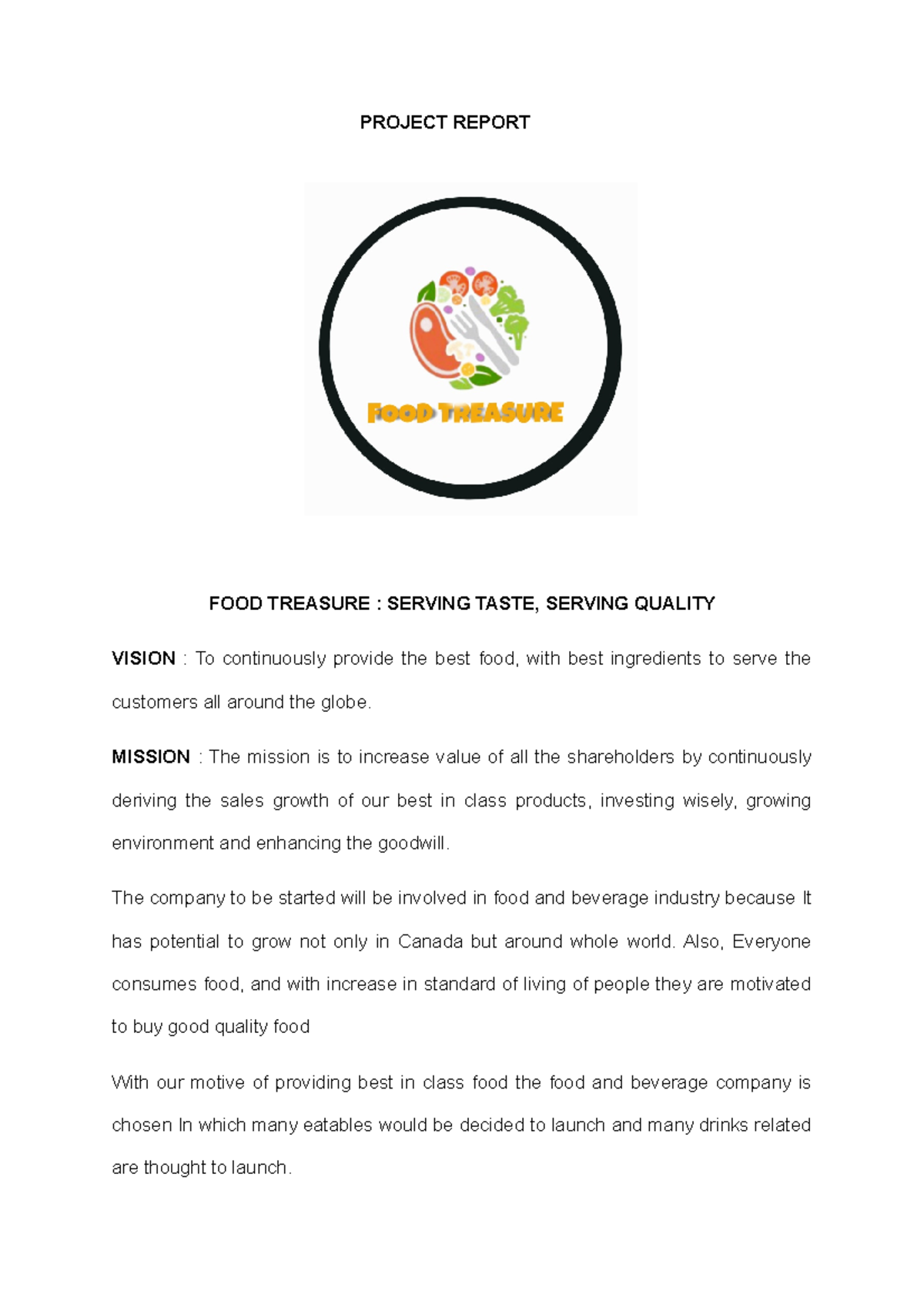 Food treasure - Marketing - PROJECT REPORT FOOD TREASURE : SERVING ...