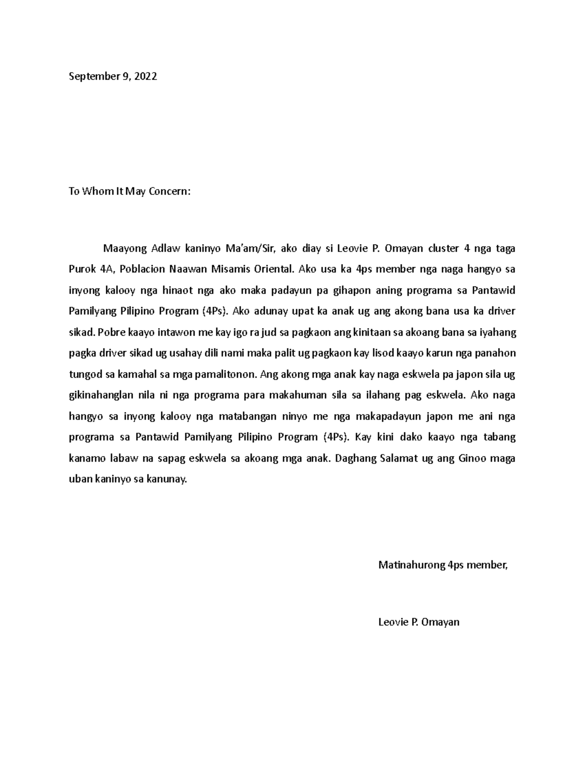 4ps letter - September 9, 2022 To Whom It May Concern: Maayong Adlaw ...