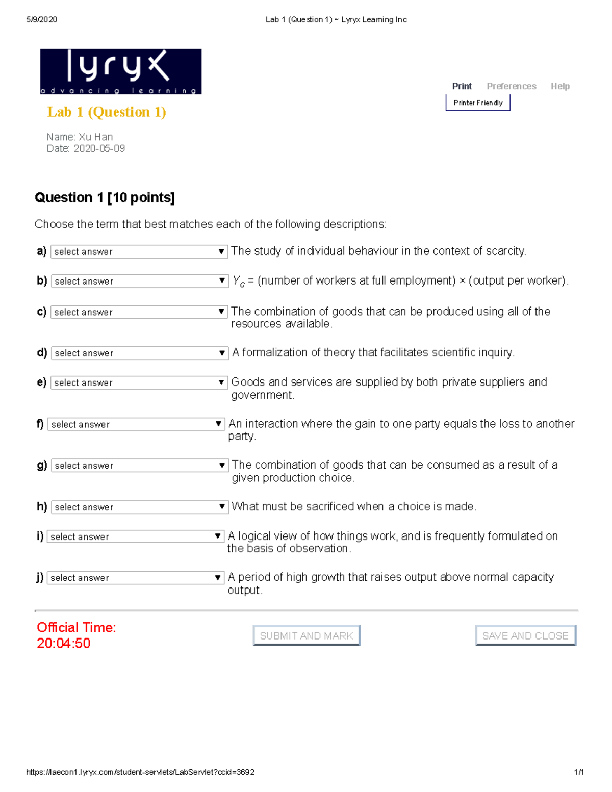 Lab 1 (Question 1) Lyryx Learning Inc - 5/9/2020 Lab 1 (Question 1 ...