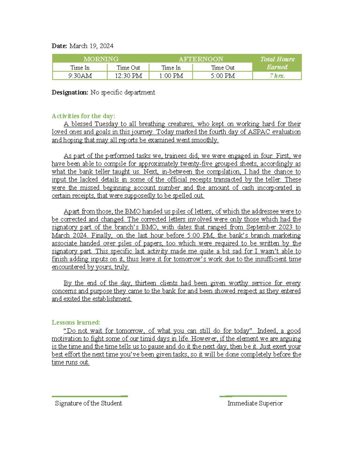 (46th Day) March 19, 2024 Aspac BANK (OJT) Quinatadcan, Honey Grace ...