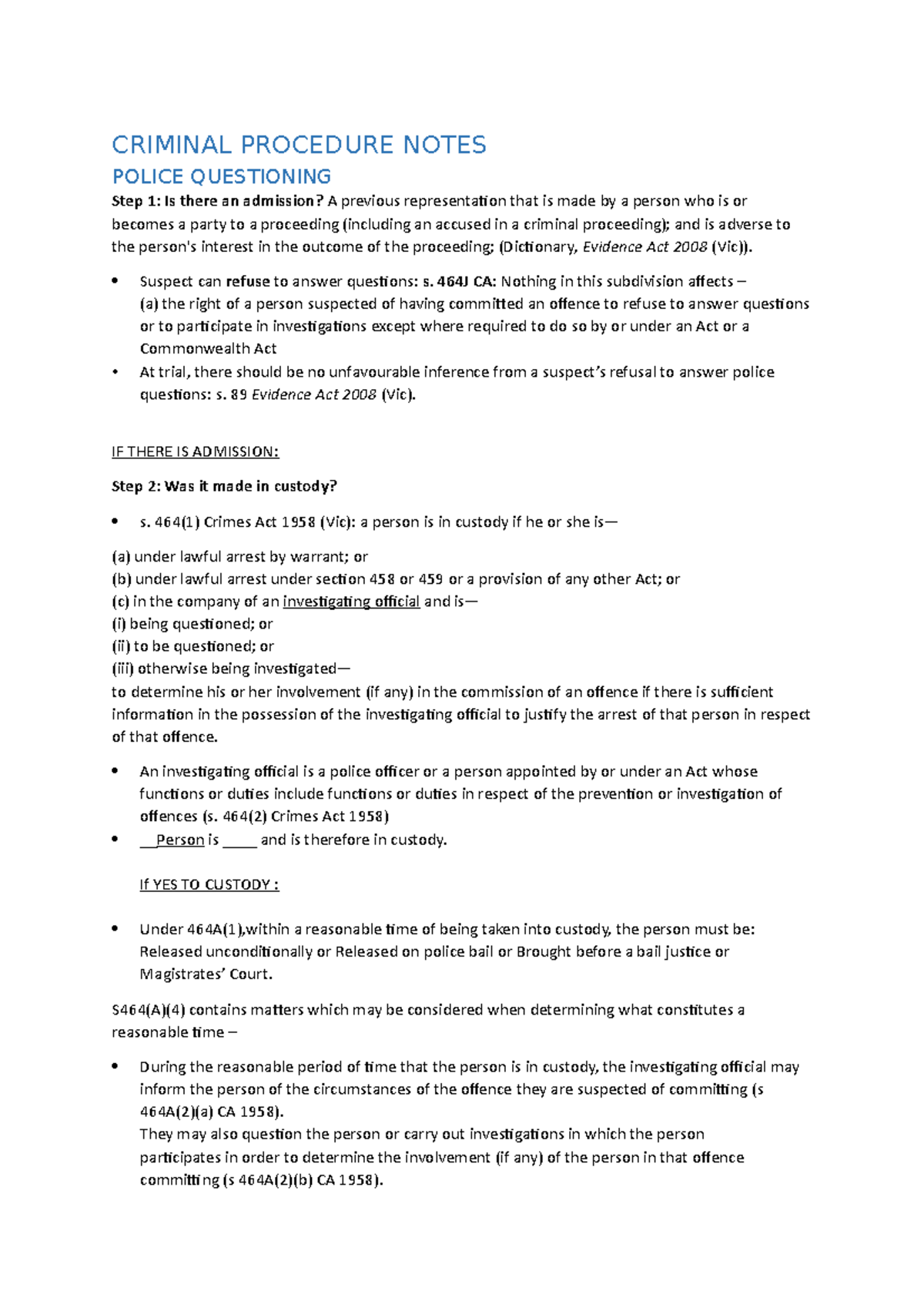 Criminal Procedure Summary Notes - CRIMINAL PROCEDURE NOTES POLICE ...