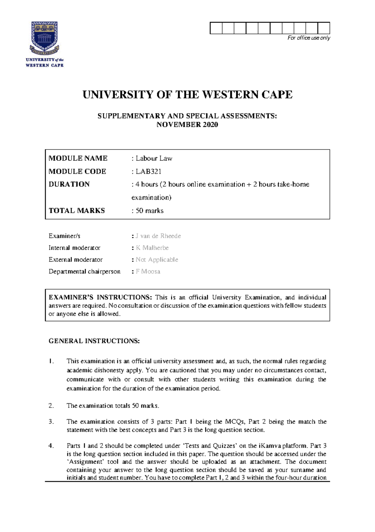 LAB321 2020 11 SU SP - FINAL EXAM PAPER - For office use only ...