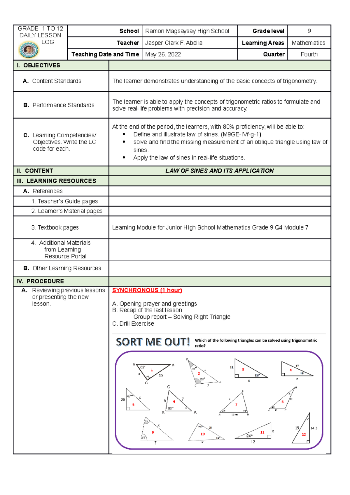 DLP-in-Mathematics-Law of Sines - GRADE 1 TO 12 DAILY LESSON LOG School ...