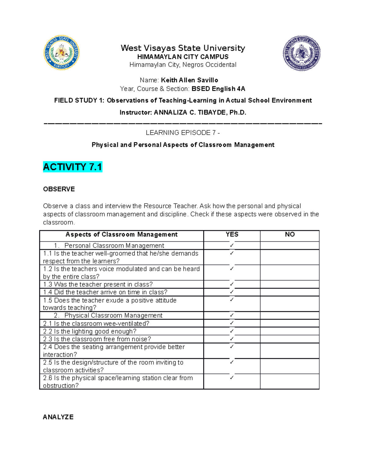 U7 Savillo (Done) - School work for Field Study 1 - West Visayas State ...