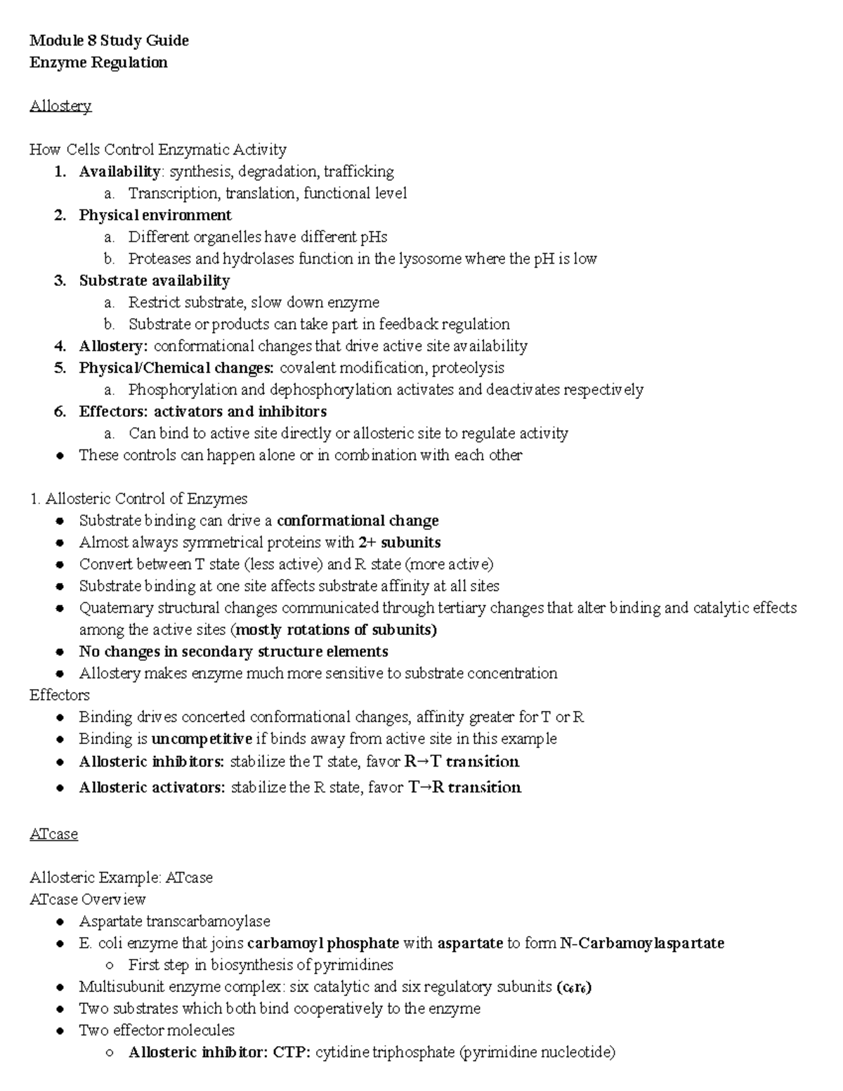 Module 8 Study Guide - Module 8 Study Guide Enzyme Regulation Allostery ...