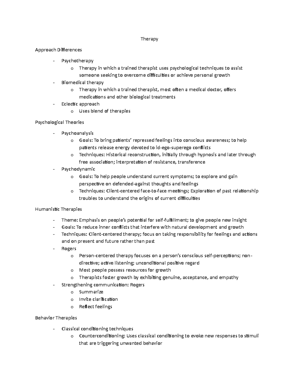 Chapter 14- Therapy - Therapy Approach Differences Psychotherapy o ...