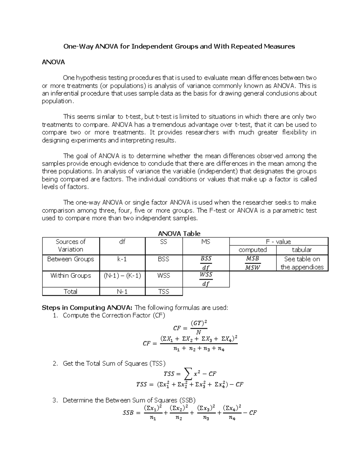 Anova - One-Way ANOVA for Independent Groups and With Repeated Measures ...