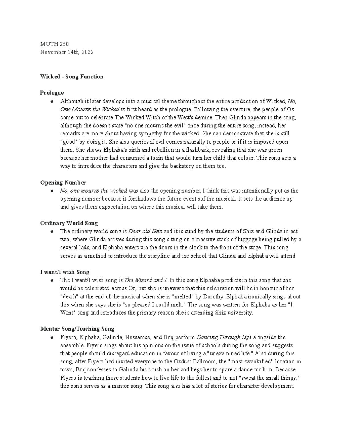 MUTH Assignment 3 - MUTH 250 November 14th, 2022 Wicked - Song Function ...