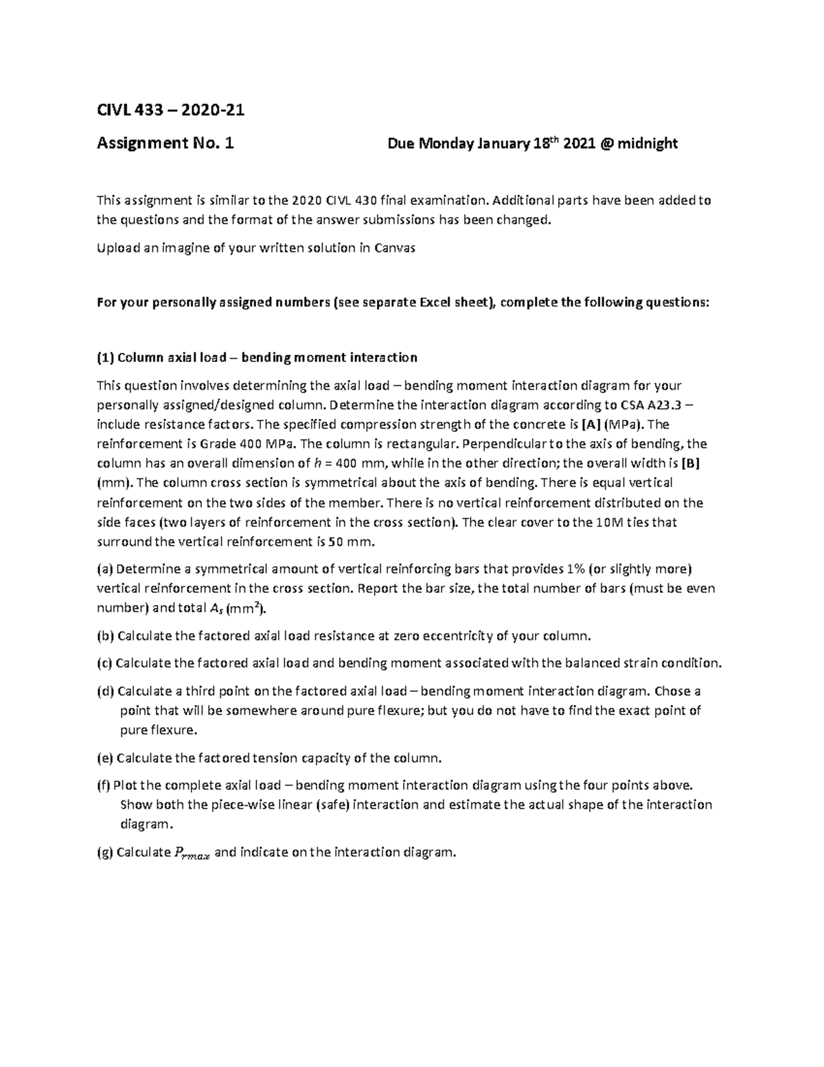 Assignment No. 1 - CIVL 433 – 2020- Assignment No. 1 Due Monday January 18th 2021 @ midnight ...