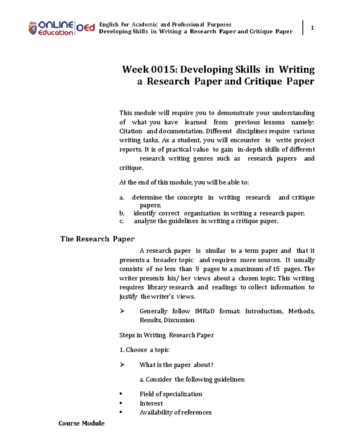 Developing Skills In Writing A Research Paper And Critique Paper