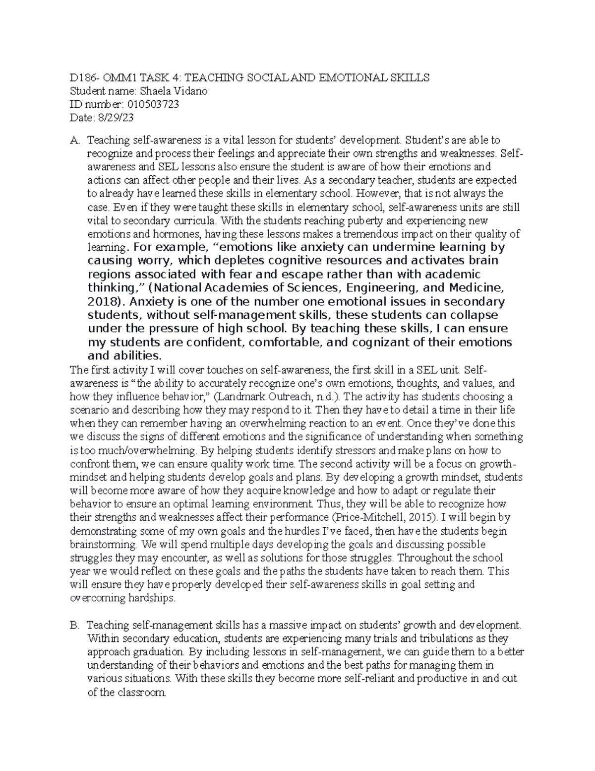 D186 Task 4 - completed and passed - D186- OMM1 TASK 4: TEACHING SOCIAL ...