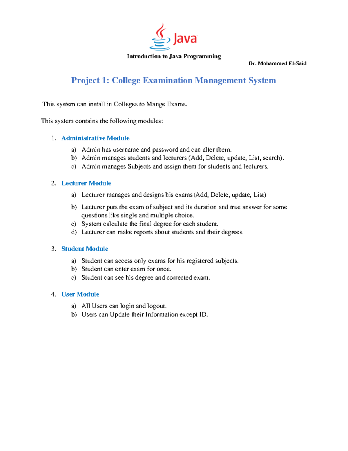 Java Projects List 2020 Dr Mohammed El Said Project 1 College Examination Management System