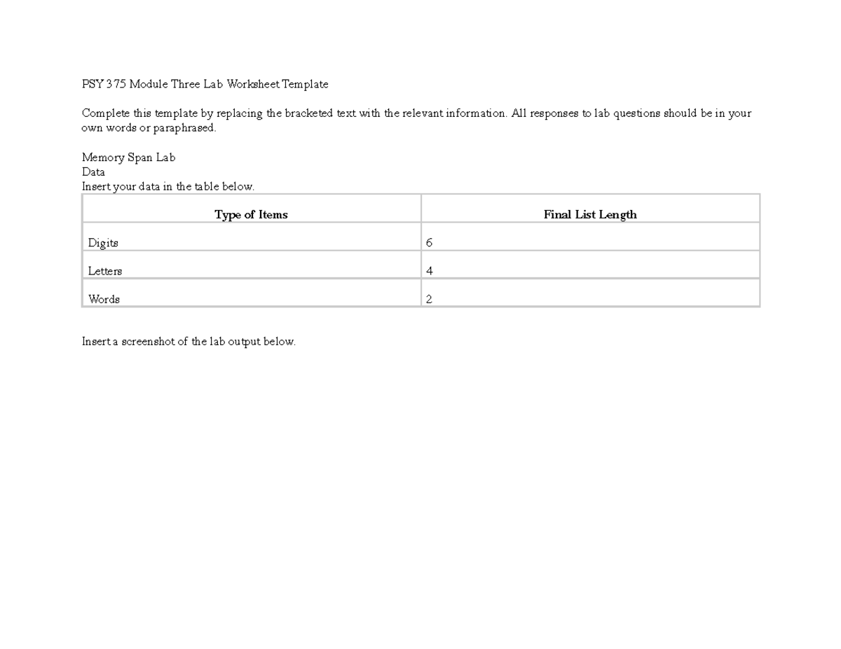 PSY 375 Module Three Lab Worksheet - All responses to lab questions ...
