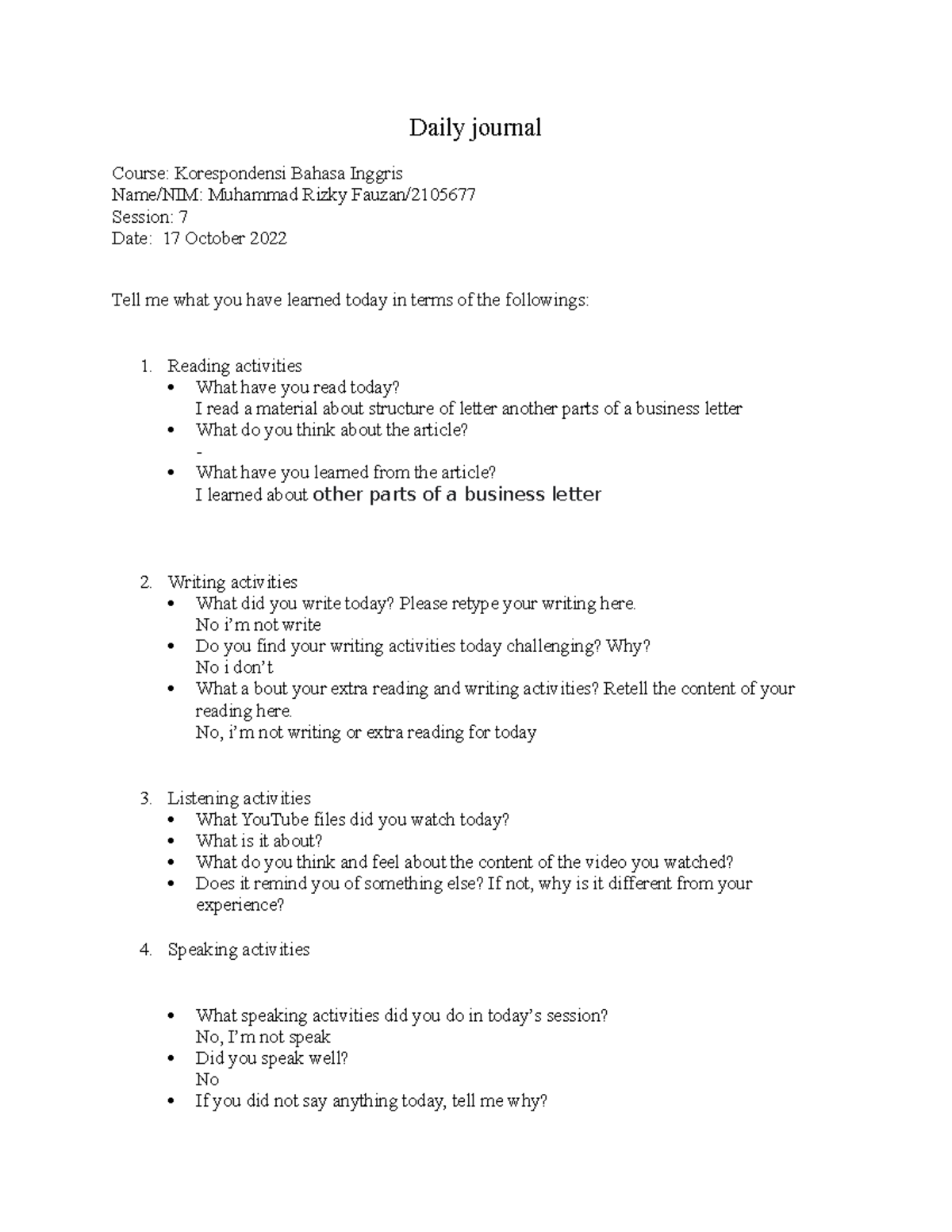 Daily journal at English Course to reflect student's understanding ...