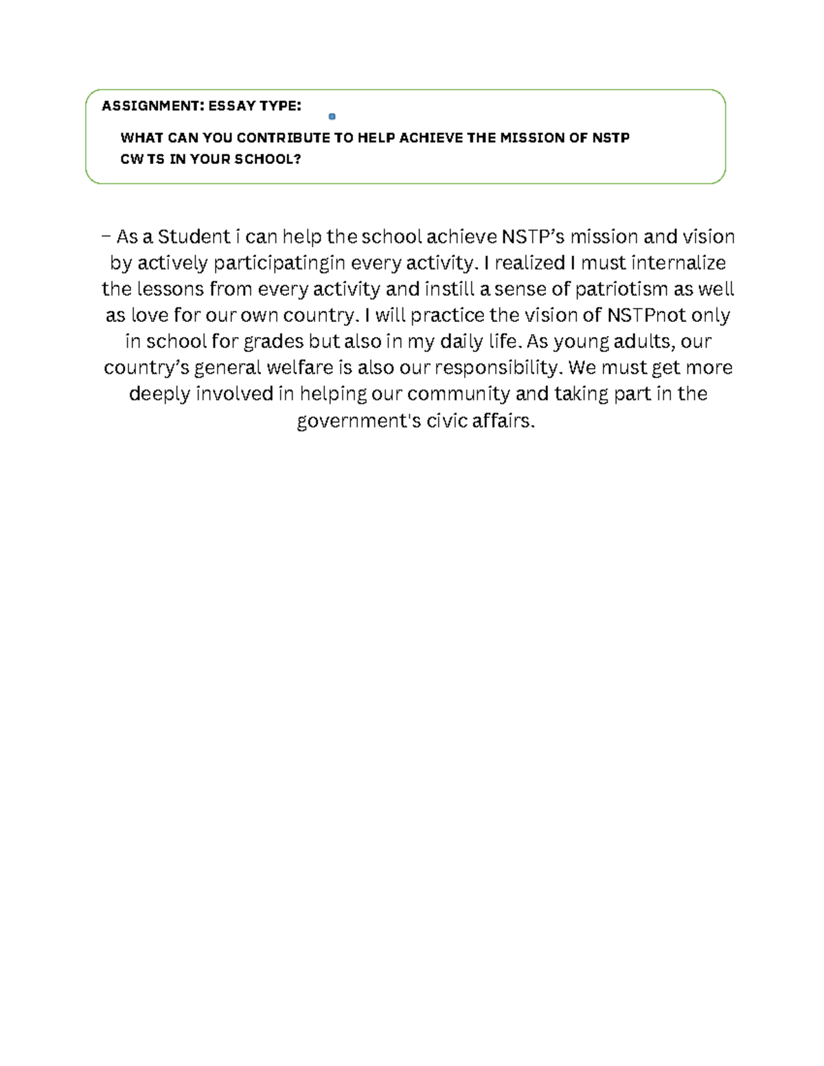 Assignment - NSTP1 Chapter 1 - ASSIGNMENT: ESSAY TYPE: WHAT CAN YOU ...