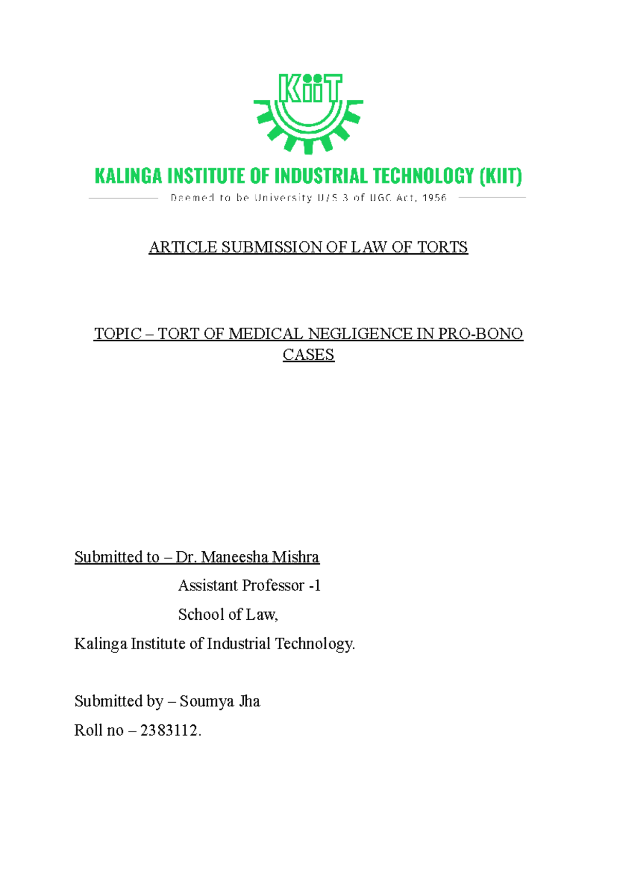 Article Submission OF LAW OF Torts - ARTICLE SUBMISSION OF LAW OF TORTS ...