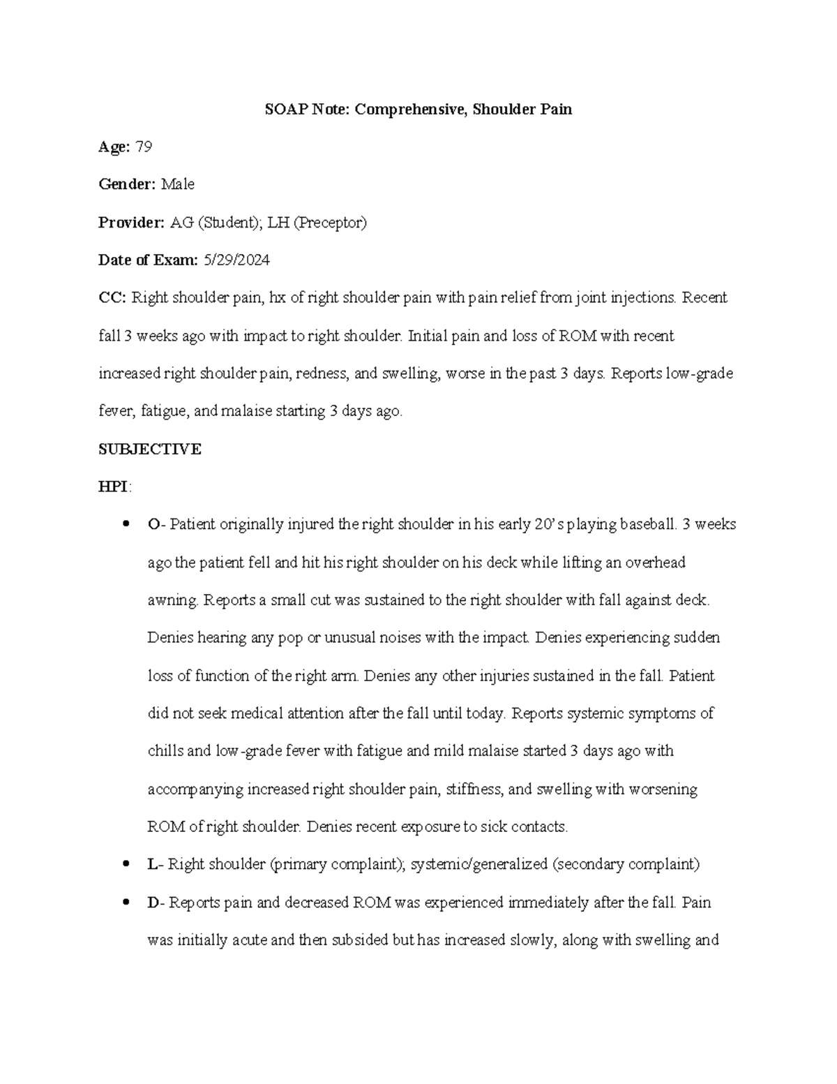 Example of Comprehensive SOAP note: Shoulder Pain - SOAP Note ...