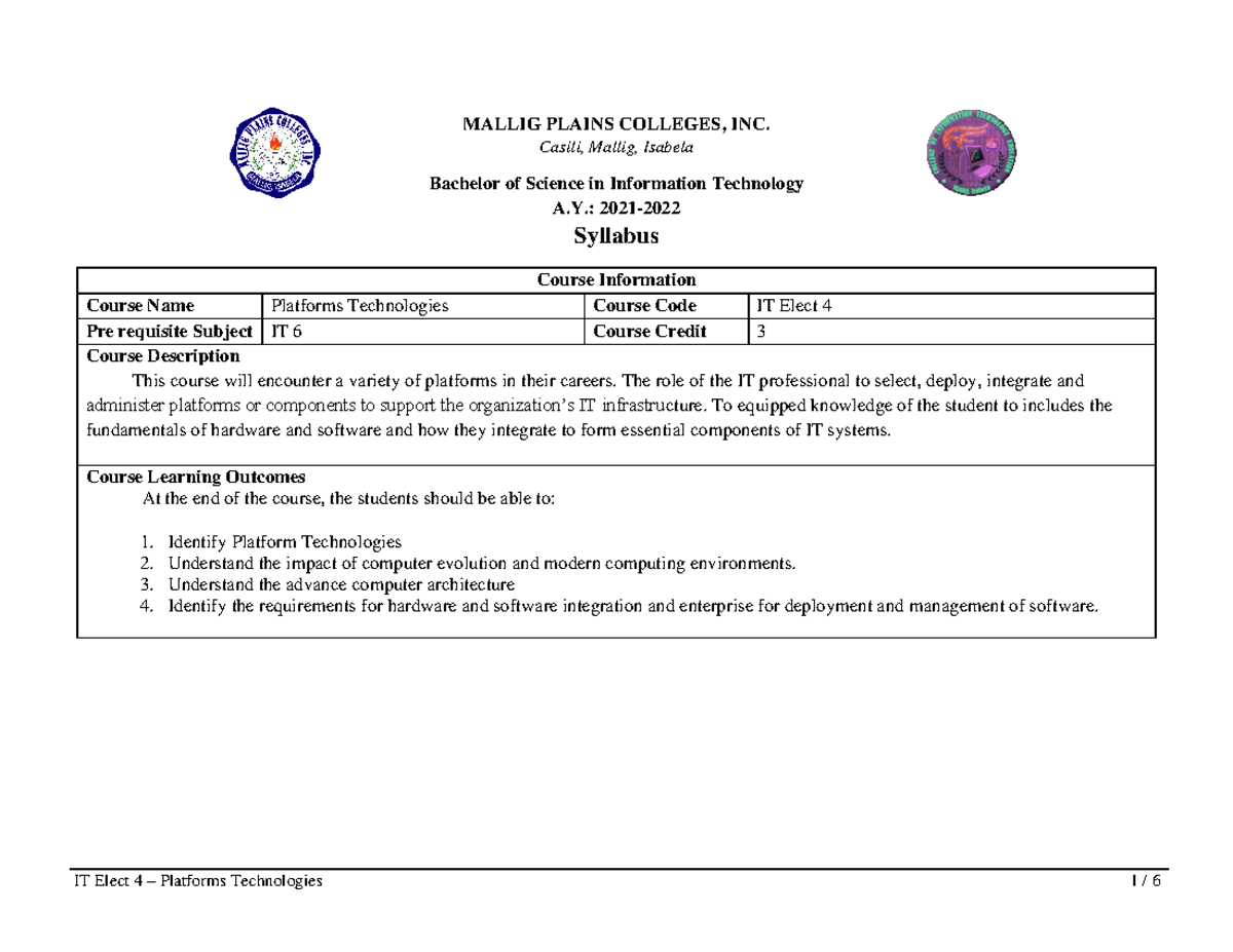IT Elect 4 - Platforms Technologies Syllabus - MALLIG PLAINS COLLEGES ...