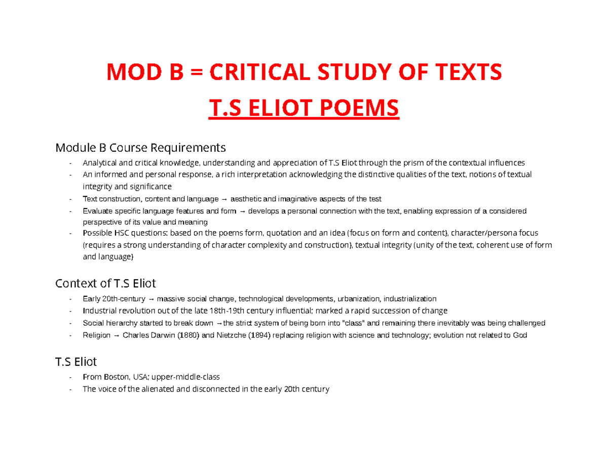 TS Eliot Notes Quotes, context, techniques etc. - MOD B = CRITICAL ...