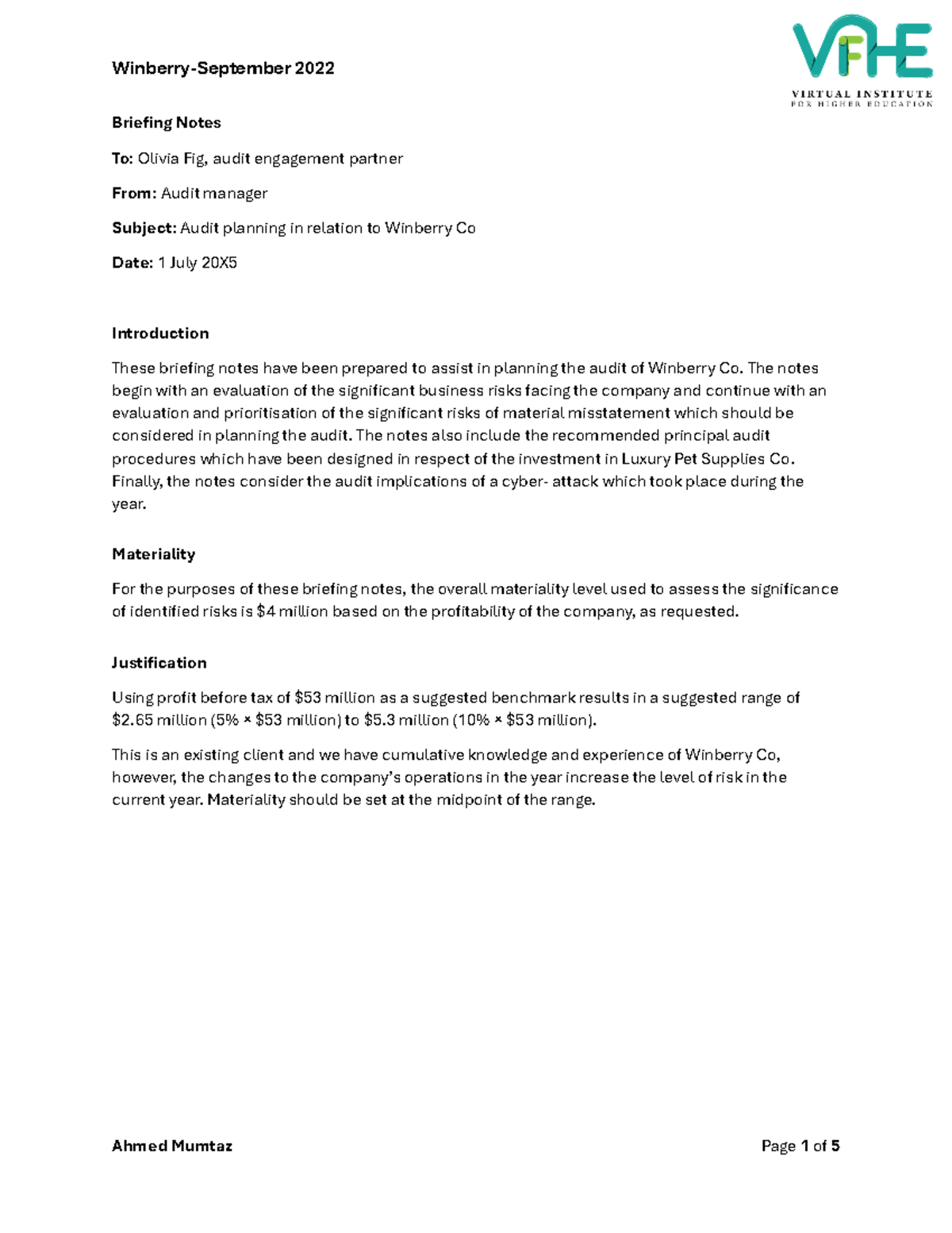 1- Winberry - Vjjbbb - Briefing Notes To: Olivia Fig, audit engagement ...