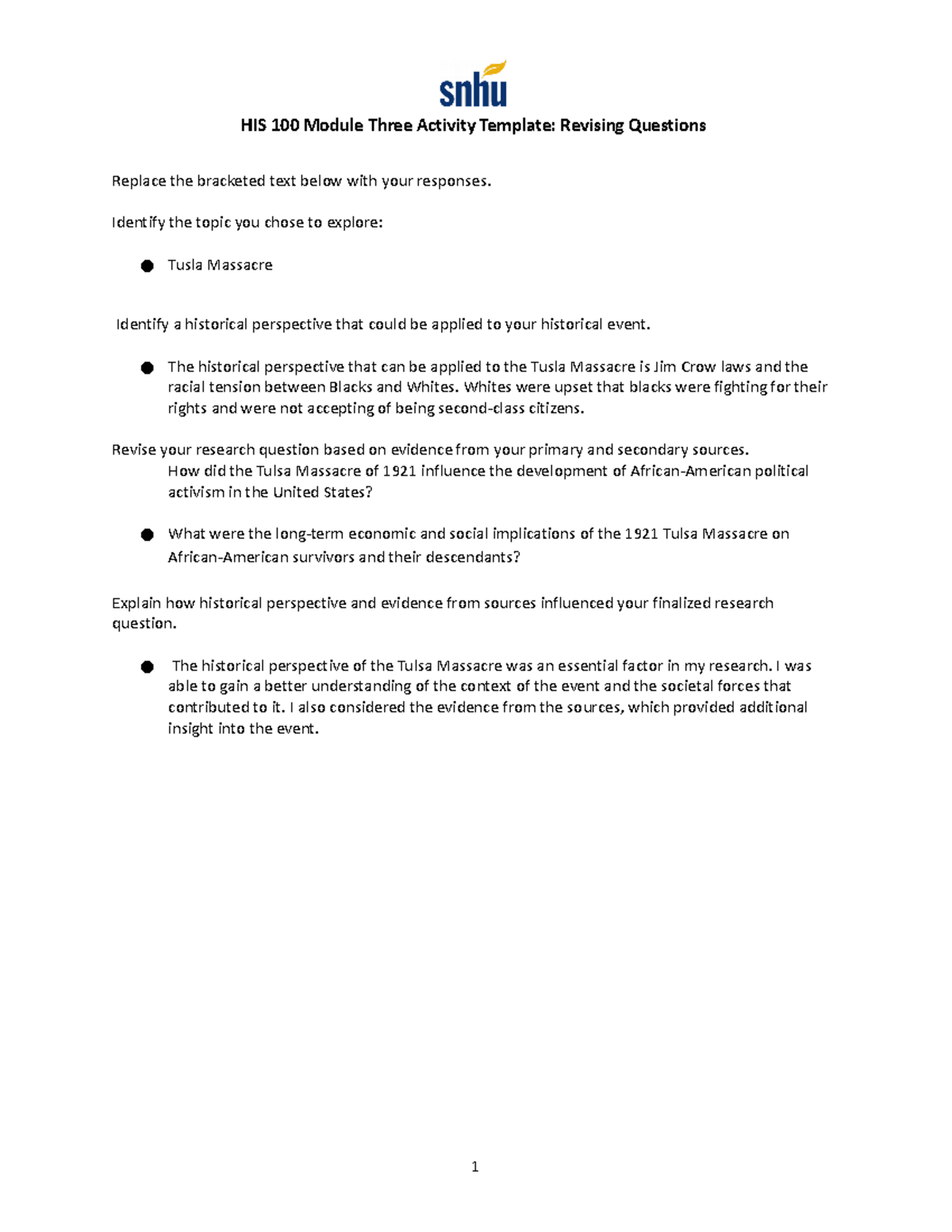 HIS 100 Module Three Activity Revising Questions Template - HIS 100 ...