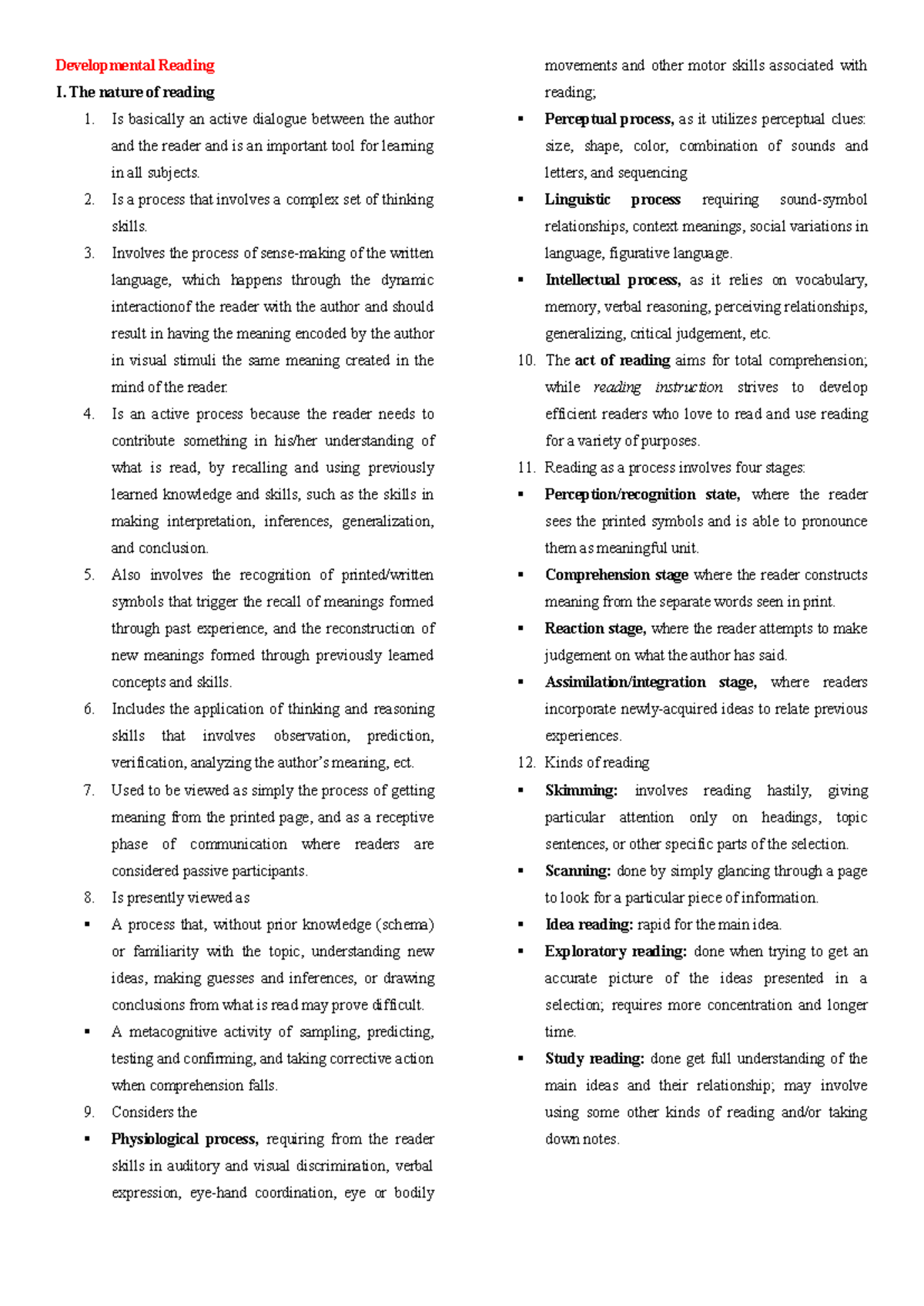 Developmental-Reading - Developmental Reading I. The nature of reading ...