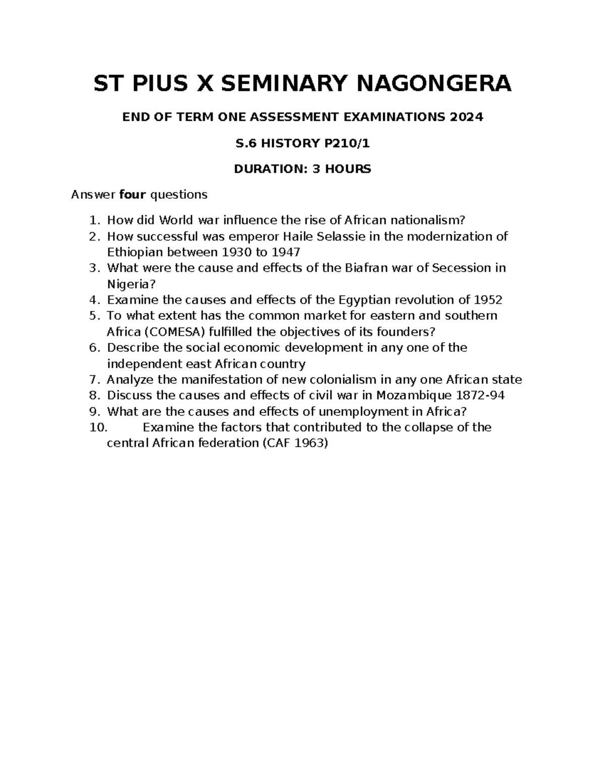 HIST 1 S - ST PIUS X SEMINARY NAGONGERA END OF TERM ONE ASSESSMENT ...