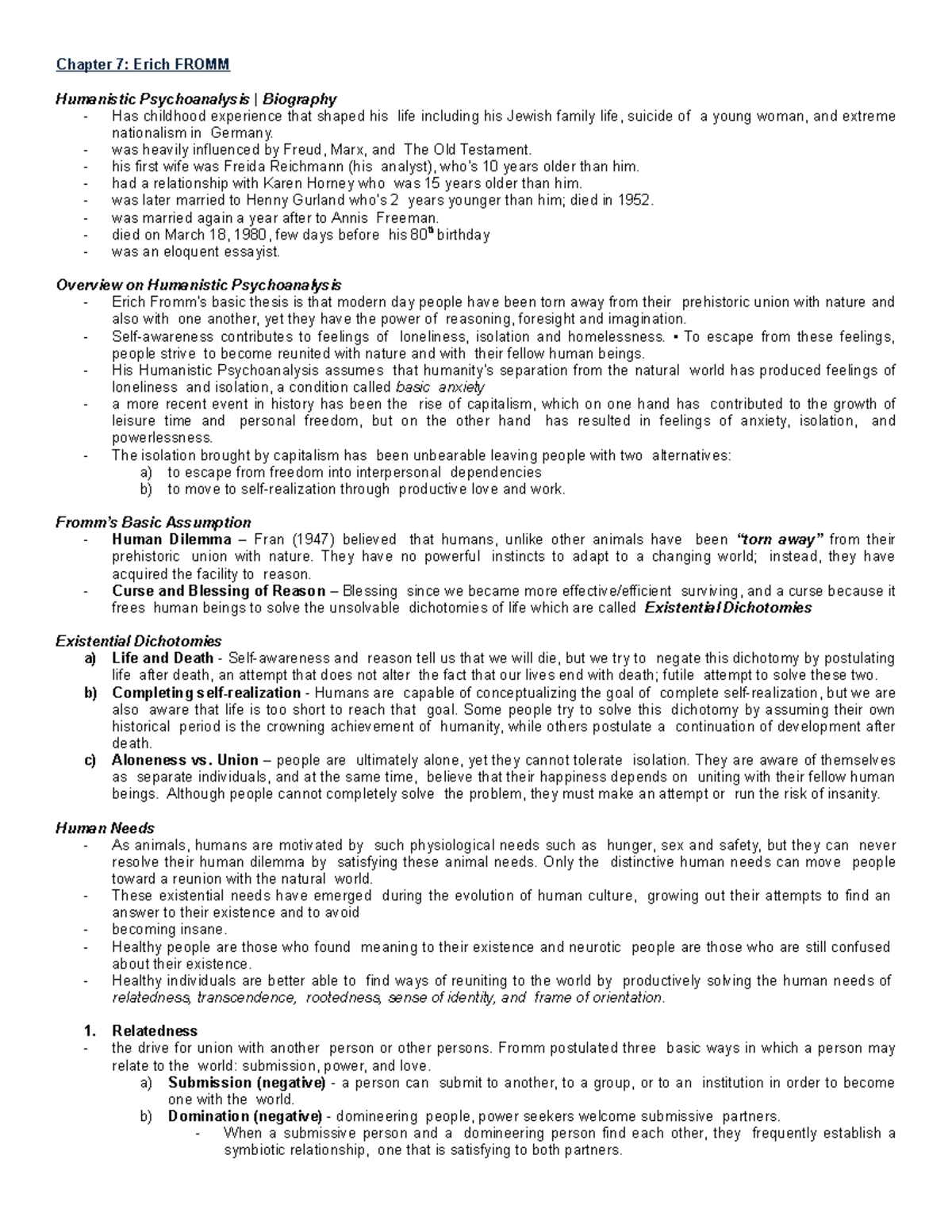 Chapter 7 Fromm - Chapter 7: Erich FROMM Humanistic Psychoanalysis ...