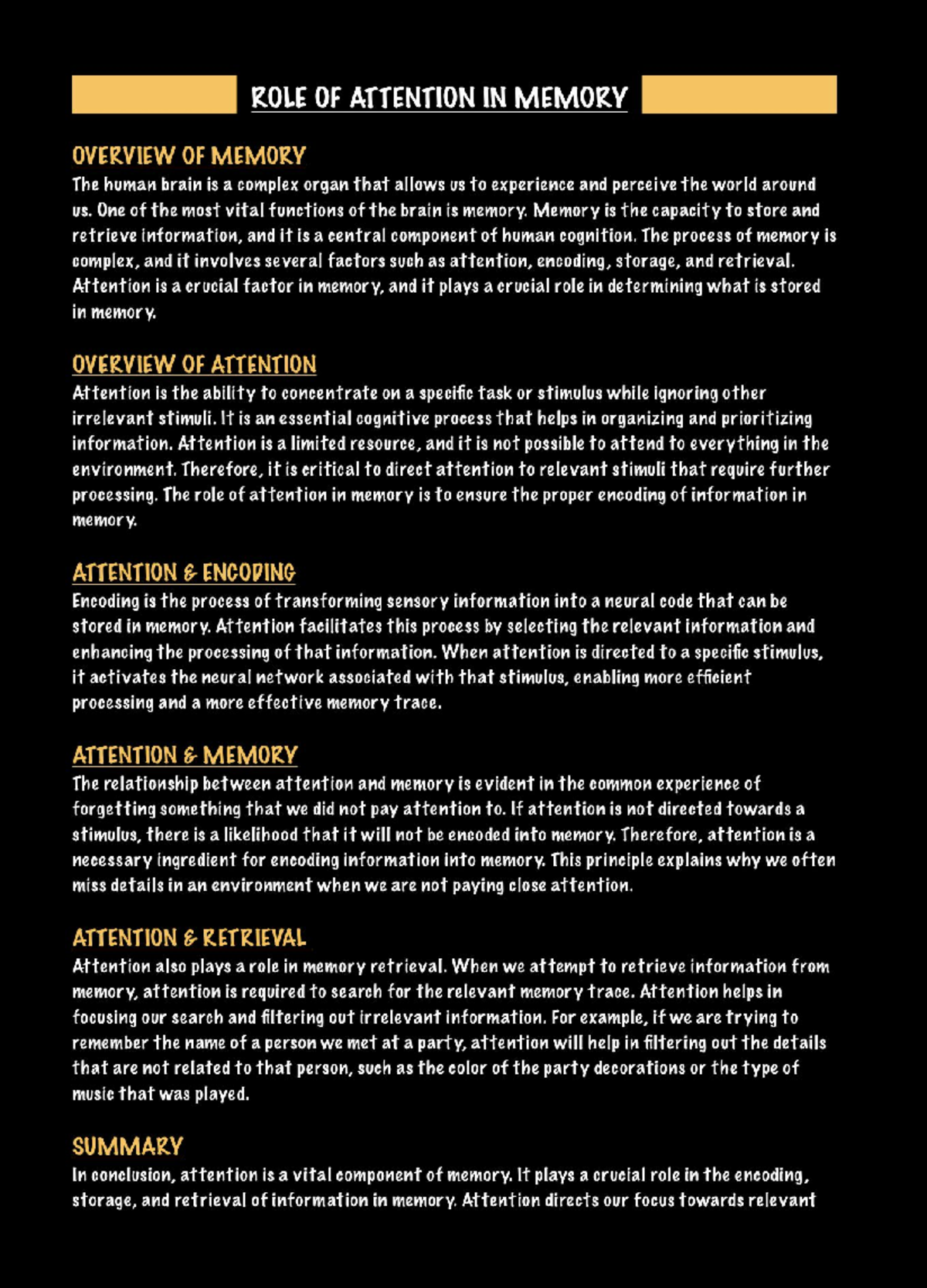 Lecture Notes: Role of Attention in Memory - 8638 - Studocu