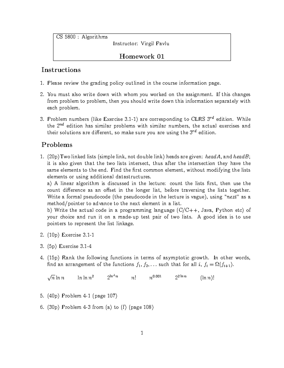 Hw1 - Algorithm assignment 1 based on recurrence relations and master theoram - CS 5800 ...