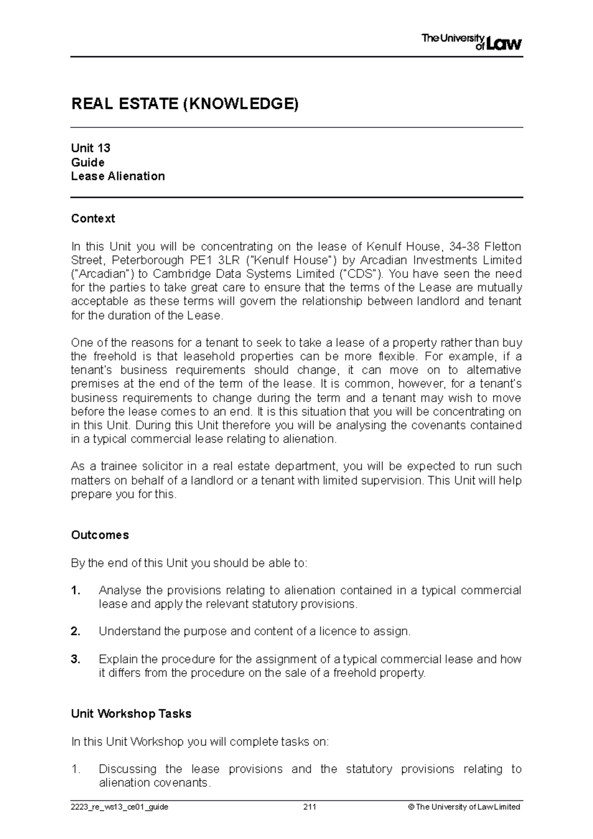 Real Estate Workshop 13 - REAL ESTATE (KNOWLEDGE) Unit 13 Guide Lease ...