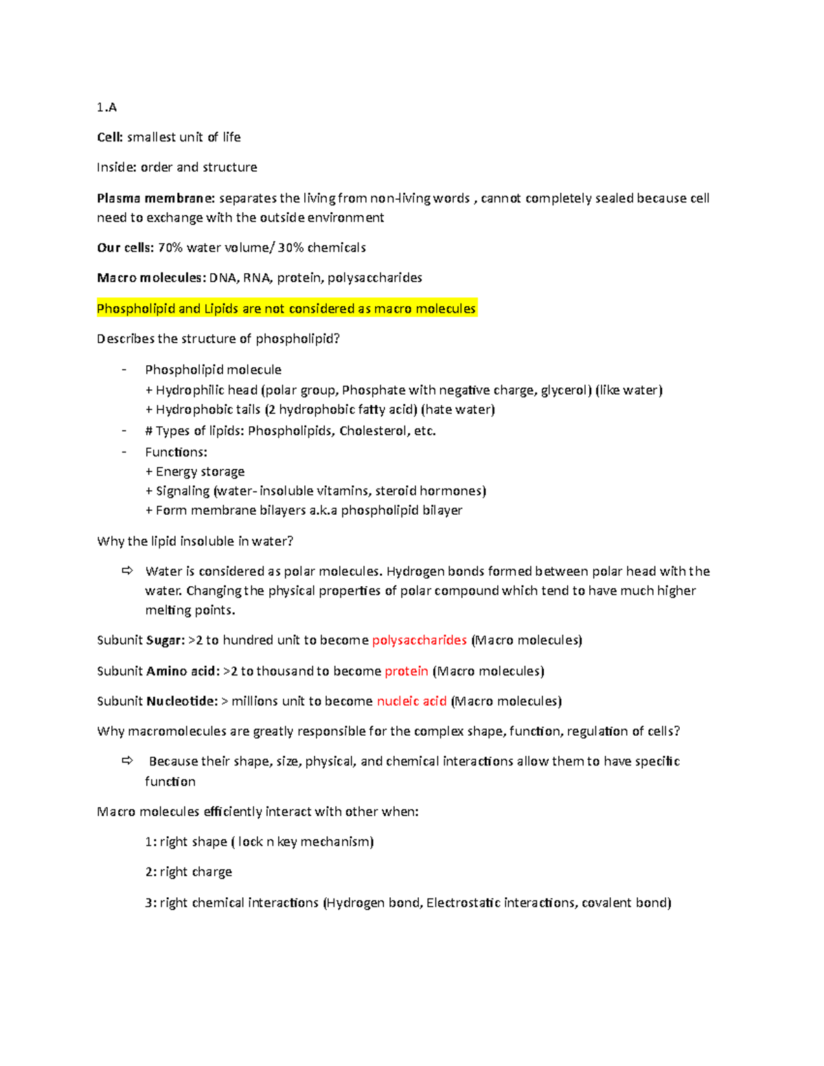 Chapter 1/Lecture 1.A - 1 Cell: smallest unit of life Inside: order and ...