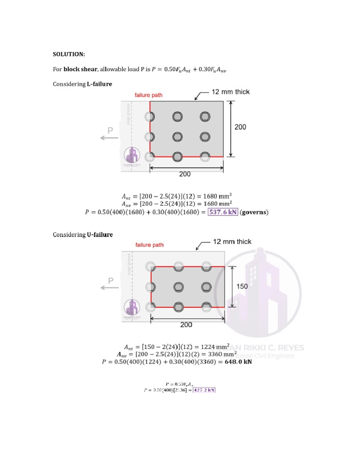 7. concentrically loaded - SOLUTION: For block shear, allowable load ...