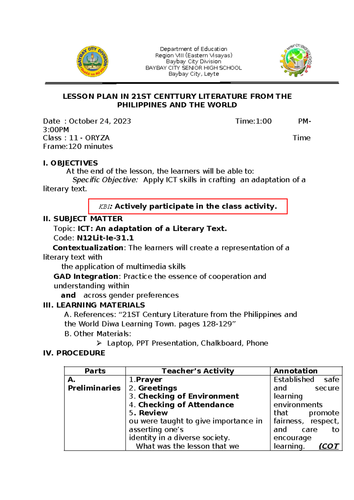 Florie MAE 1ST COT - DLP GRADE 11 - LESSON PLAN IN 21ST CENTTURY ...
