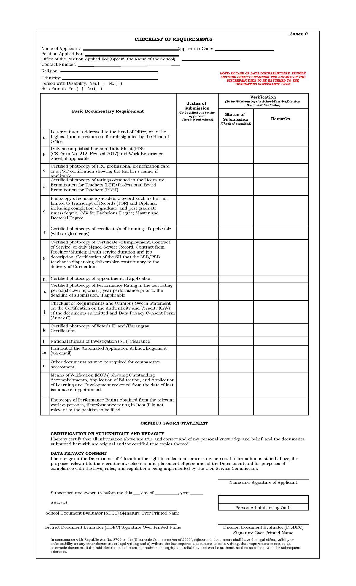 Checklist of Requirements.xlsx - Annex C SDEC Revised for Rollou ...