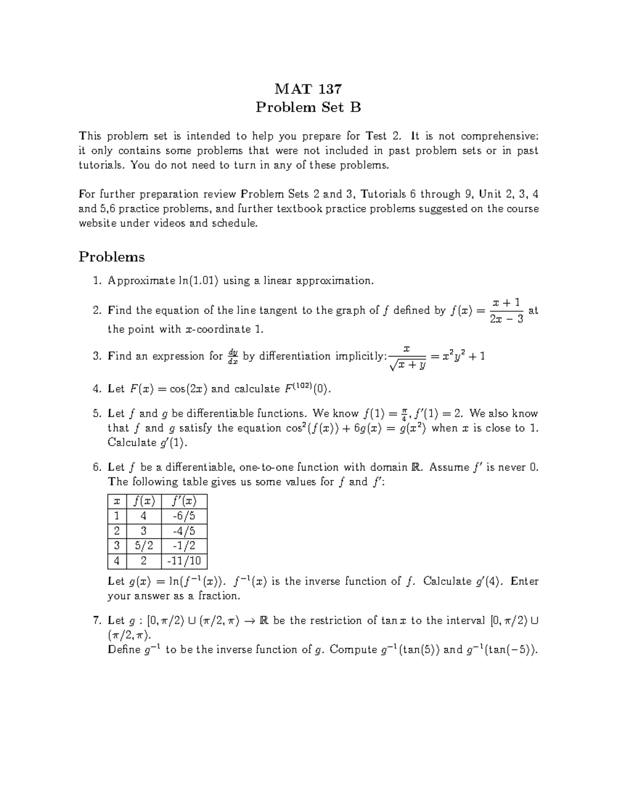 137 2425 PSB - Practice PS - MAT 137 Problem Set B This problem set is ...
