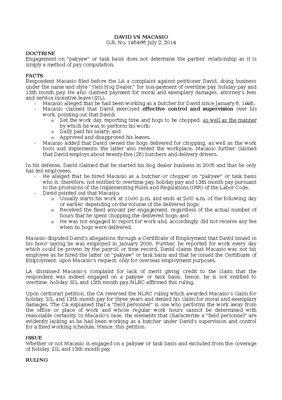 David vs Macasio - Digest - DAVID VS MACASIO G. No. 195466 July 2, 2014 ...