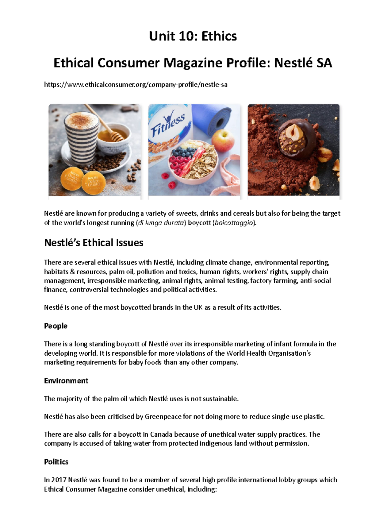 Unit 10 - unit 10 - Unit 10: Ethics Ethical Consumer Magazine Profile ...