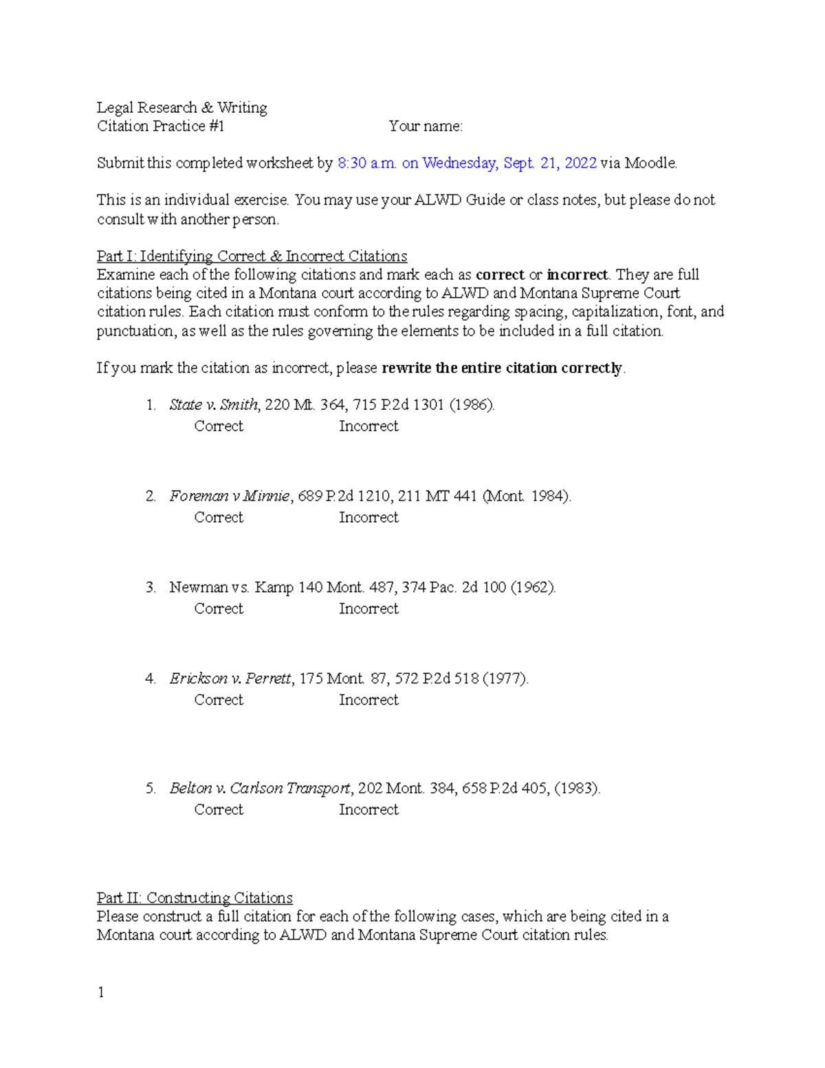 Citation Practice #1 due 092122 - Legal Research & Writing Citation ...