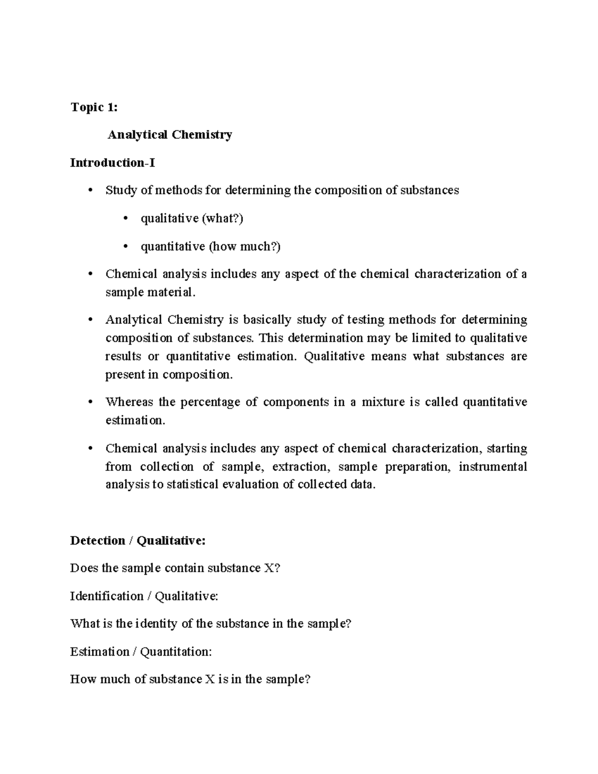 Che301 Handouts - Topic 1: Analytical Chemistry Introduction-I Study of methods for determining ...