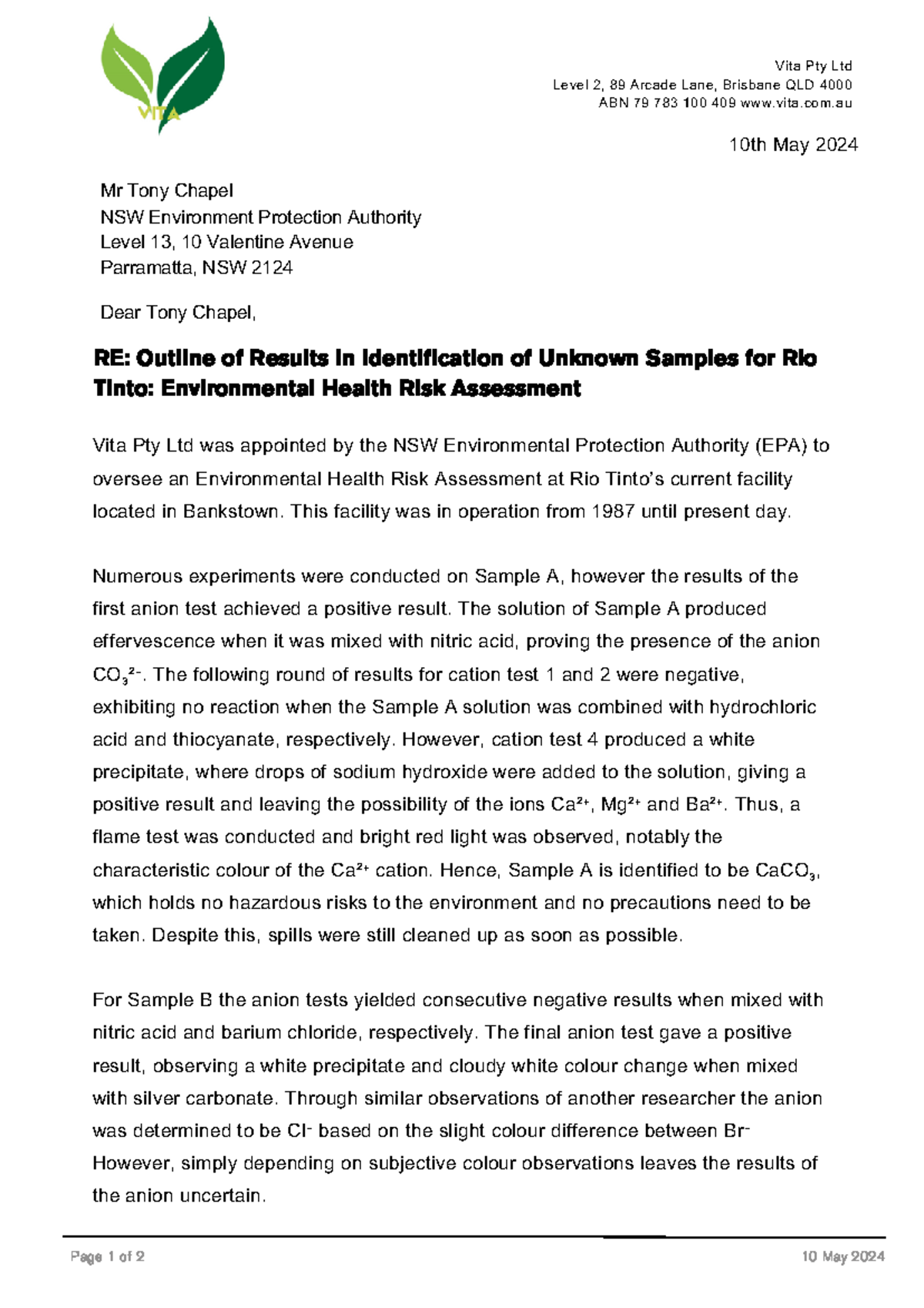 Letter to EPA - Major Post Lab Assignment - Vita Pty Ltd was appointed ...