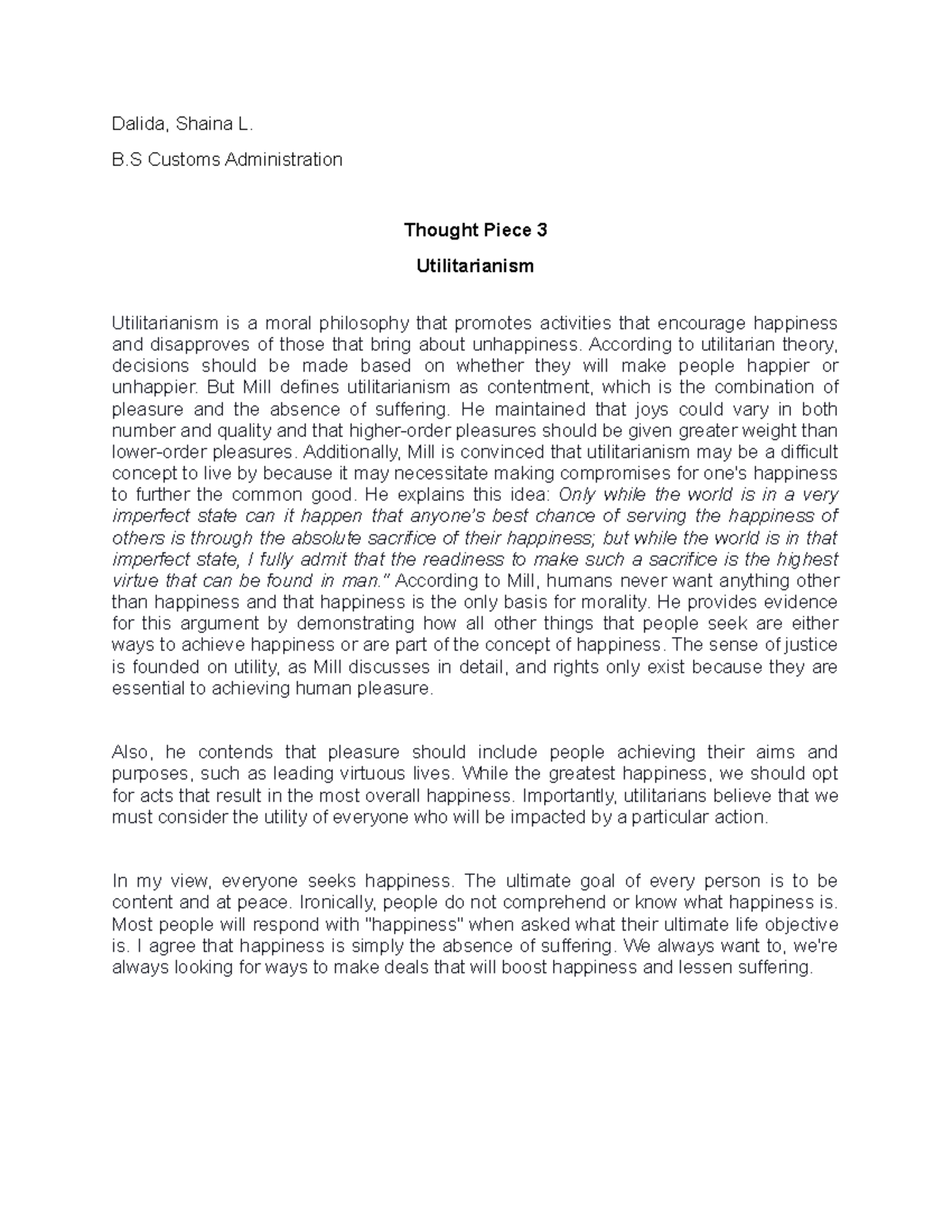 Thought Piece 3 - Dalida, Shaina L. B Customs Administration Thought ...